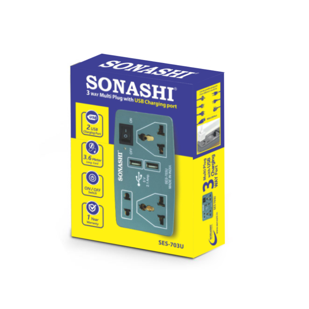 3 Way Extension Socket 2 USB SES-703U Grey - Sonashi Electronic