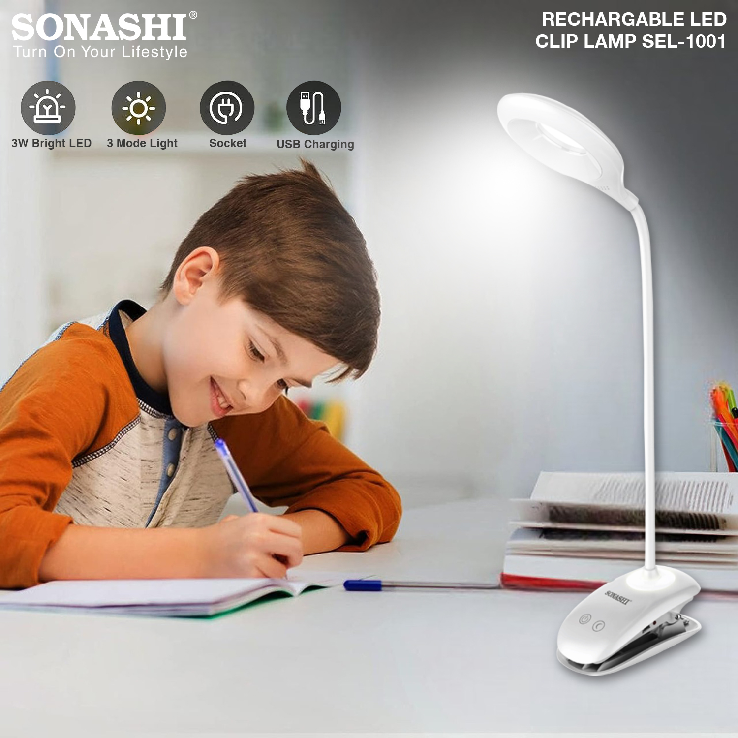 Rechargeable Dual LED Touch Study Lamp SEL-1001 White - Sonashi Electronic