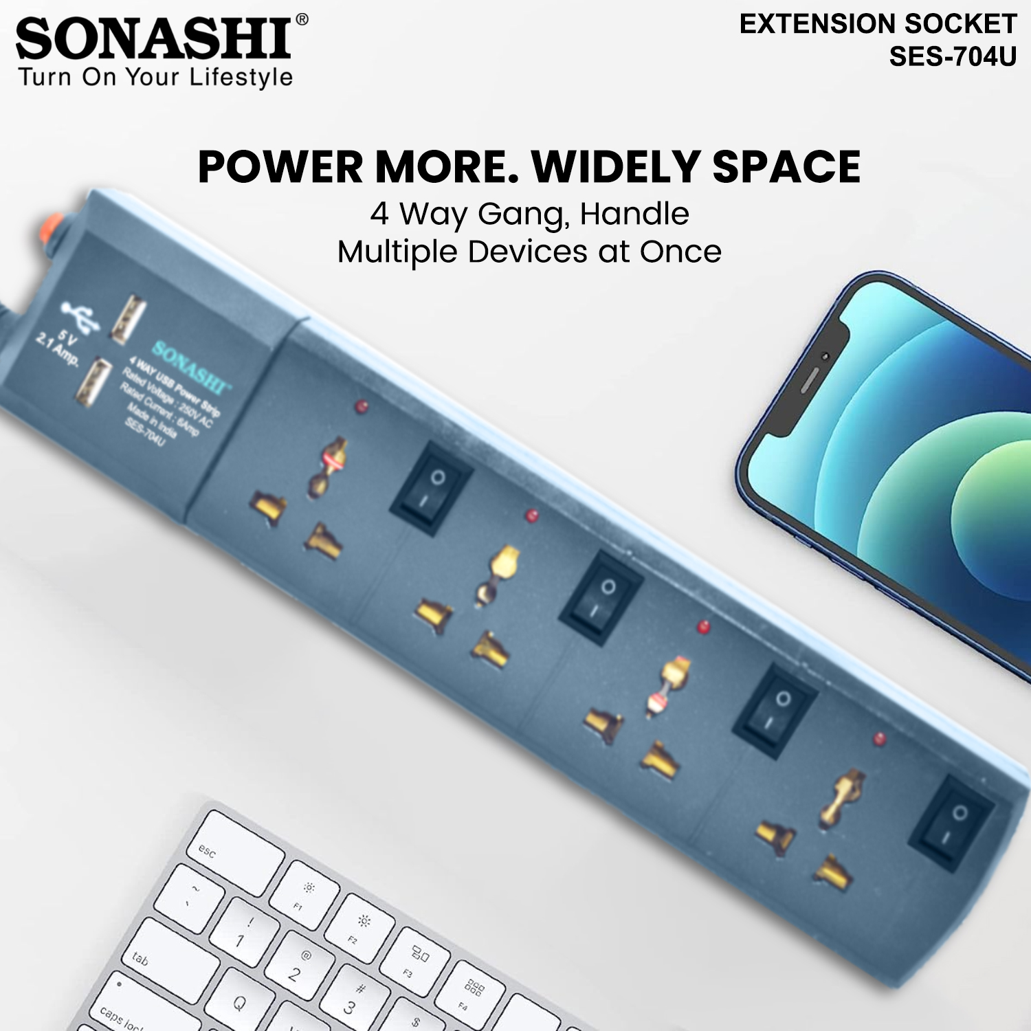 4 Ways Extension Socket 2 USB SES-704U Grey - Sonashi Electronic
